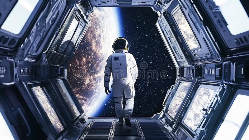 Astronaut Walking in Space Station with Earth in View Stock Footage ...