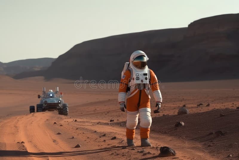Astronaut Walking in Space Suit on Mars Surface during Exploration ...