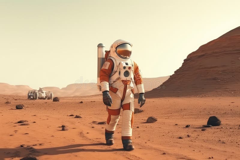 Astronaut Walking in Space Suit on Mars Surface during Exploration ...