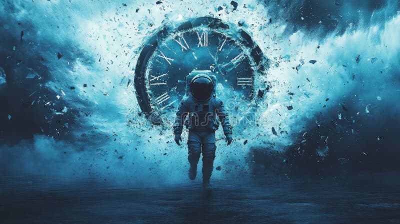 Astronaut Walking through Time Portal with Exploding Clock Stock Image ...