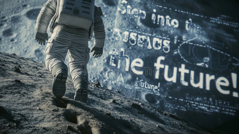 Astronaut Walking Toward Futuristic Text on Lunar Surface Stock Photo ...