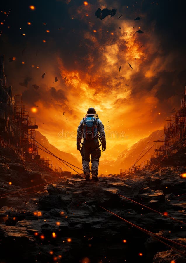A Astronaut Walking Towards a Breathtaking Sunset in Outer Space. a Man ... A Astronaut Walking Towards a Breathtaking Sunset in Outer Space. a Man ...