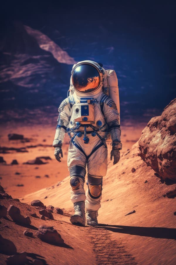 Astronaut Walking Towards Camera on Planet Mars Stock Illustration ...