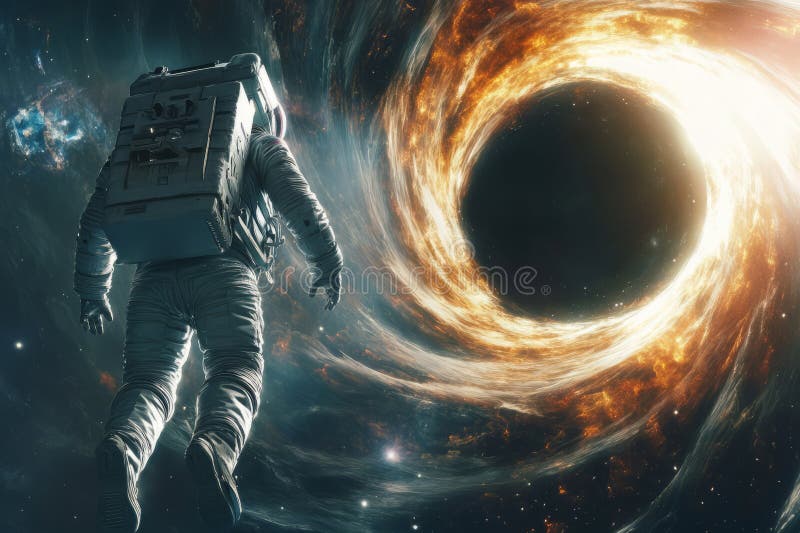 Astronaut Walking Towards Massive Black Hole in Outer Space Stock Photo ...