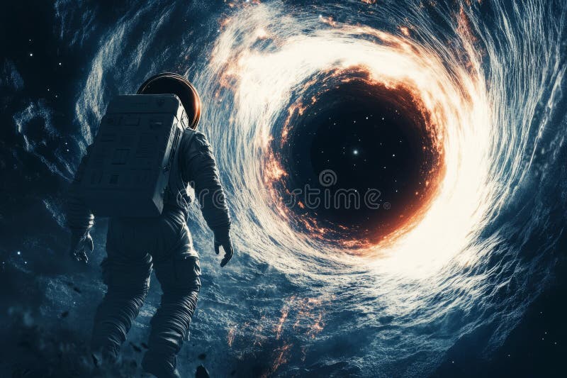 Astronaut Walking Towards Massive Black Hole in Outer Space Stock Image ...