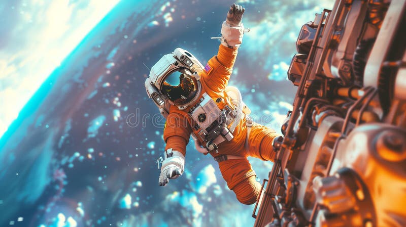 An Astronaut Walks Out the Spaceship Fixing Technical Problem on Space ...