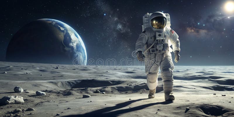 An Astronaut Walks on the Planet Surface of the Moon Exploring Outer ...
