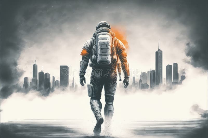 Astronaut Walks through Smoke on a Planet with Sci-fi Structures in the ...