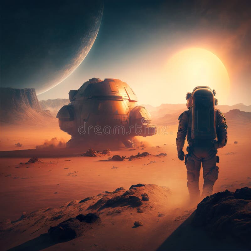 An Astronaut Walks on the Surface of Another Planet in the Rays of the ...