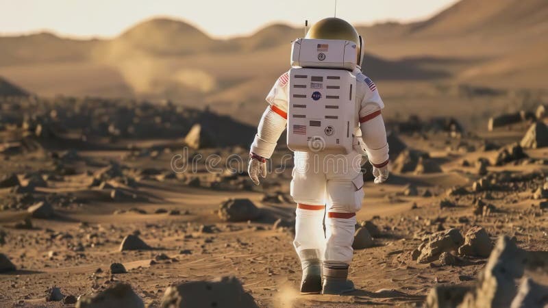 Astronaut Wearing Space Suit Walking on the Surface of Mars. Stock ...