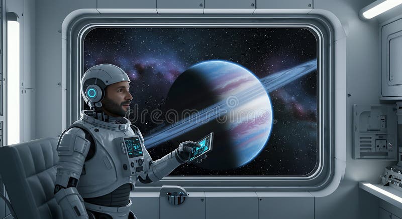 Astronaut Using Tablet Inside Spaceship Viewing Ringed Planet through ...