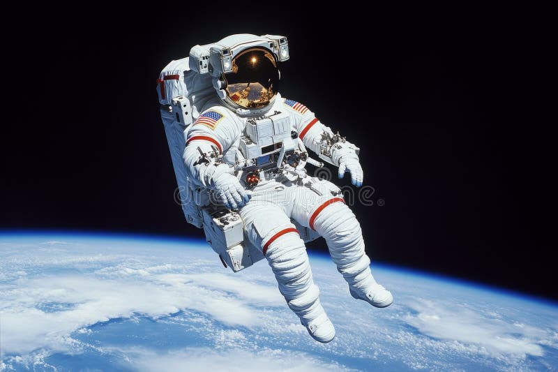 Astronaut in White Spacesuit with American Flag Patch Floating in Space ... Astronaut in White Spacesuit with American Flag Patch Floating in Space ...