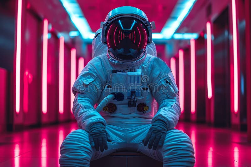 An Astronaut in a White Spacesuit and Helmet, Sitting on the Floor in a ...