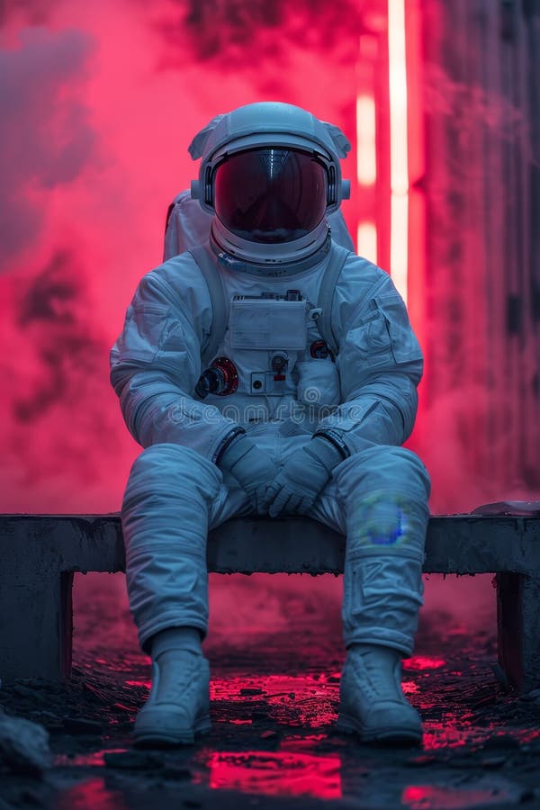 An Astronaut in a White Spacesuit and Helmet, Sitting on the Floor in a ...