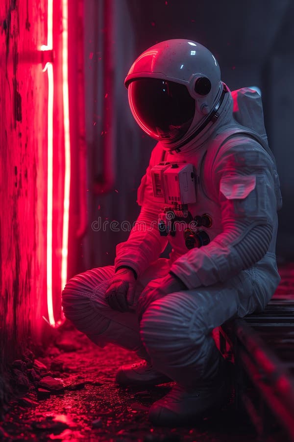 An Astronaut in a White Spacesuit and Helmet, Sitting on the Floor in a ...