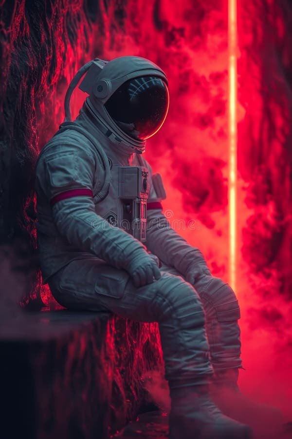 An Astronaut in a White Spacesuit and Helmet, Sitting on the Floor in a ...