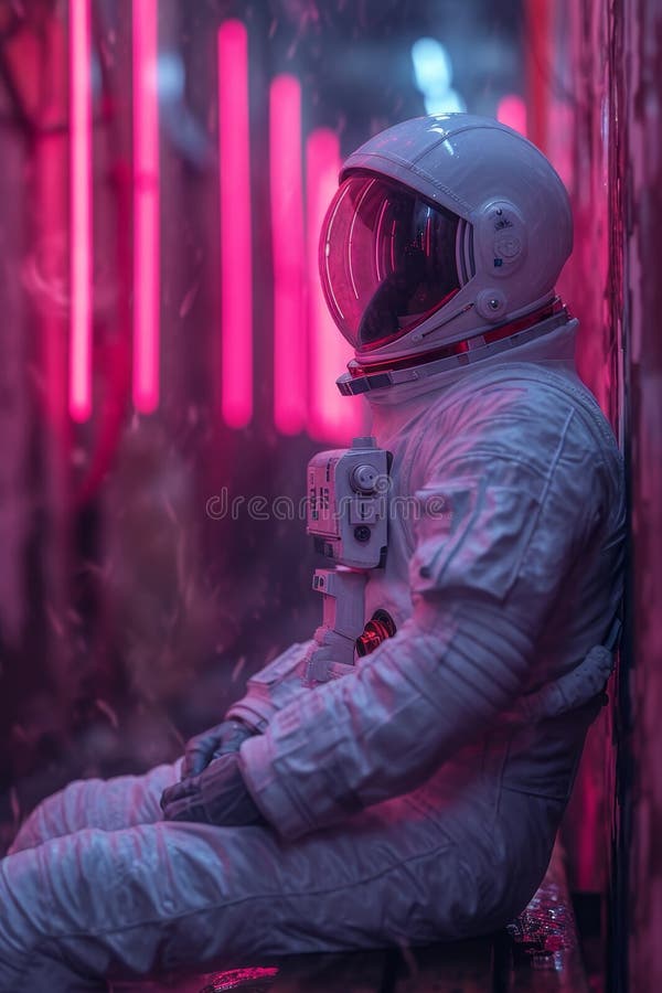 An Astronaut in a White Spacesuit and Helmet, Sitting on the Floor in a ...