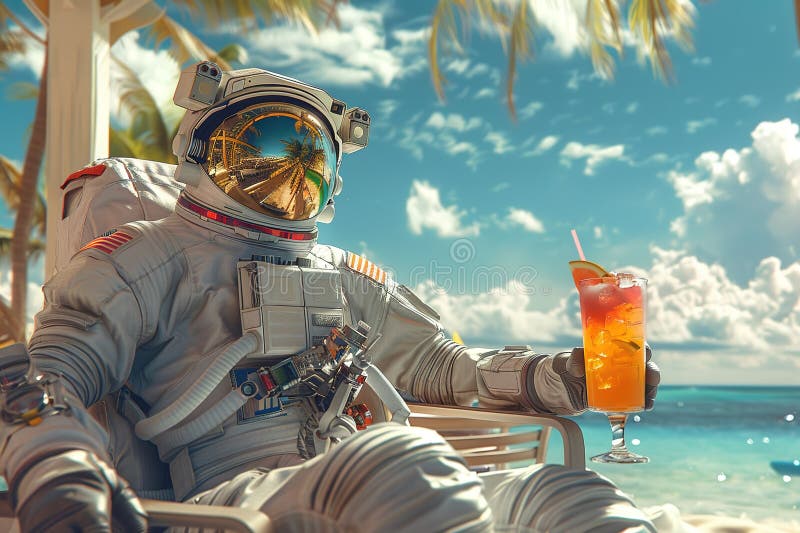 Astronaut in White Spacesuit Sitting in Sea Beach with a Glass of Fresh ... Astronaut in White Spacesuit Sitting in Sea Beach with a Glass of Fresh ...