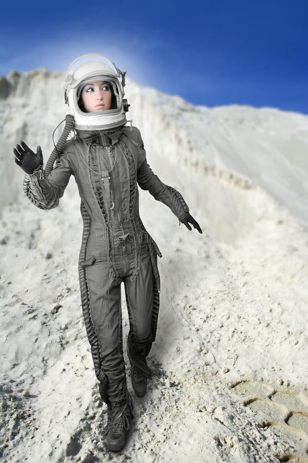 Astronaut Woman Futuristic Moon Space Planets Stock Image - Image of ...