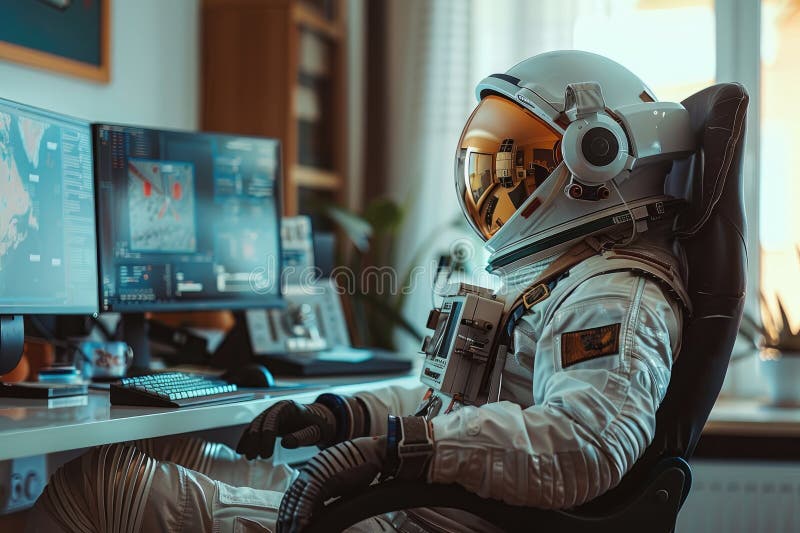 An Astronaut Working with Computer in a Modern Office with a Computer ...