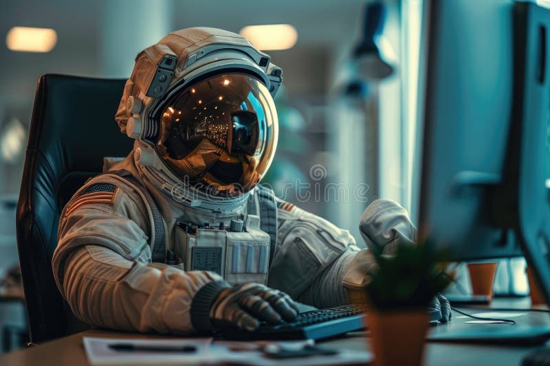 An Astronaut Working with Computer in a Modern Office with a Computer ...