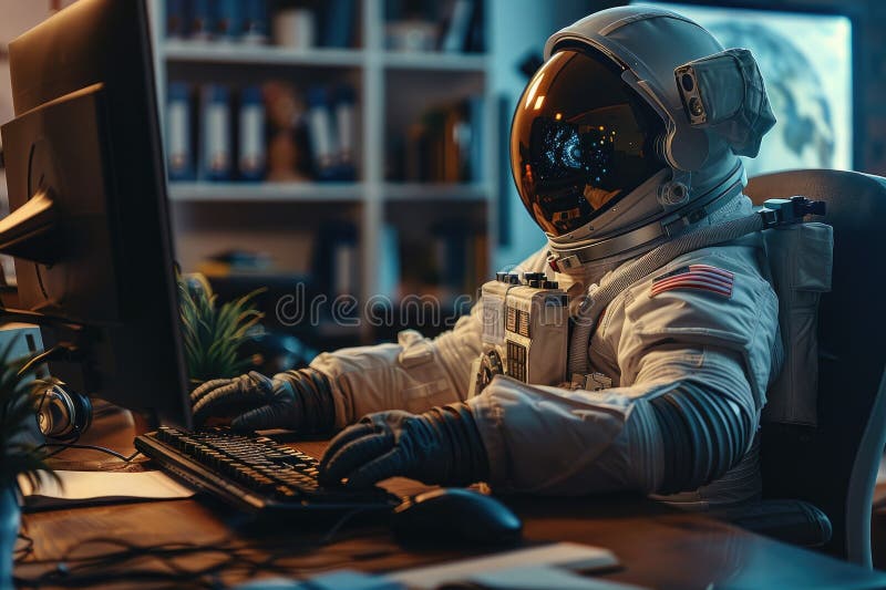 An Astronaut Working with Computer in a Modern Office with a Computer ...