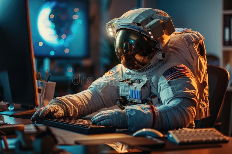 An Astronaut Working with Computer in a Modern Office with a Computer ...