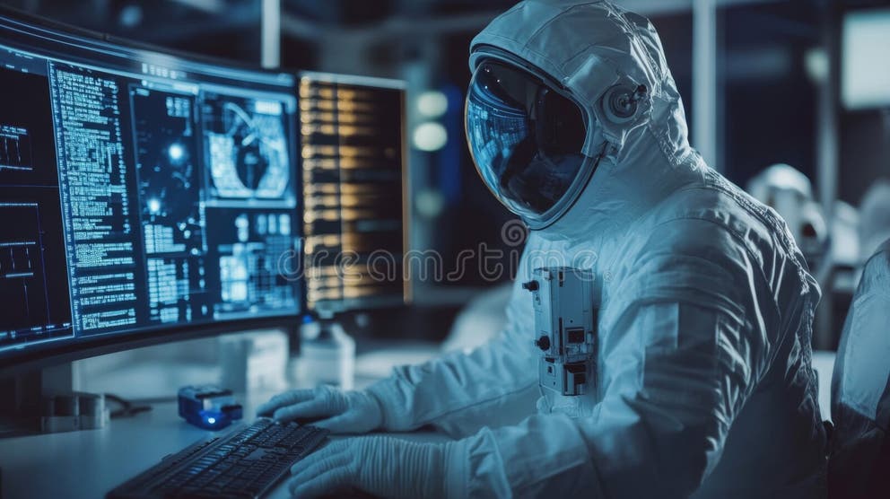 Astronaut Working on Computer in Space Mission Control Stock ...