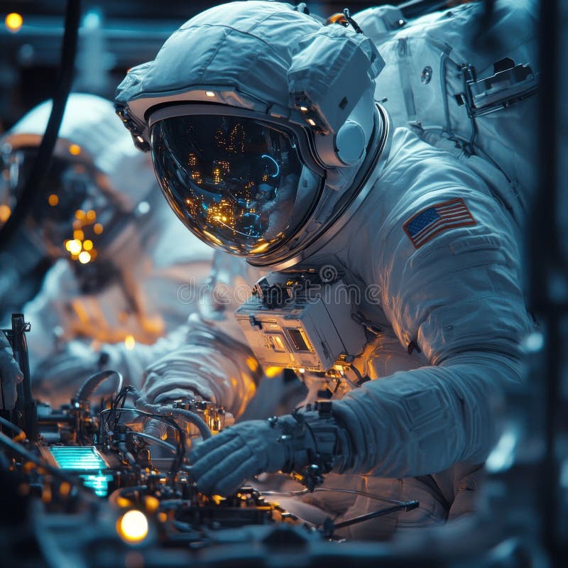 Astronaut Working on High-Tech Equipment in Space Station Environment ...