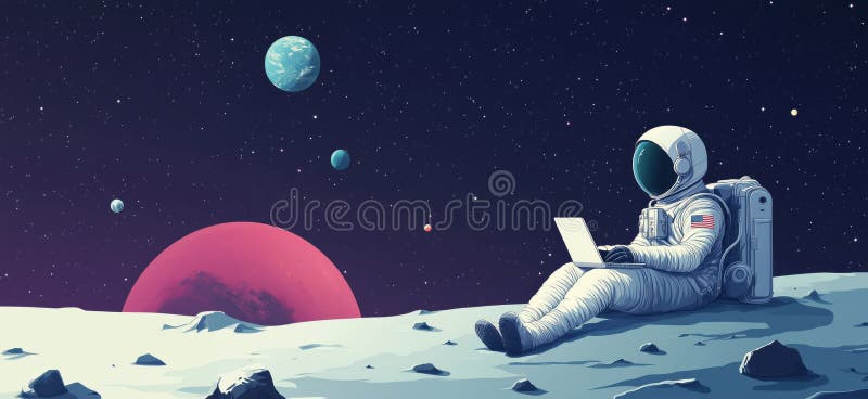 Astronaut Working on Laptop in Space with Planets and Moons in ...