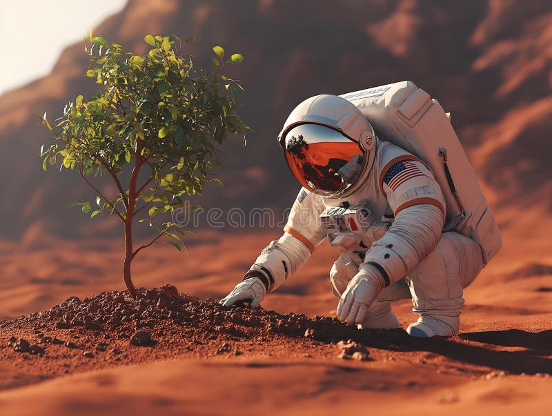 Astronaut Working on Mars, Reddish Landscape, Sunlight, Contemplative ...