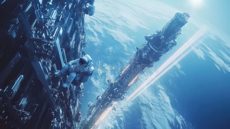 Astronaut Repairing Space Station with Earth Below Stock Photo - Image ...