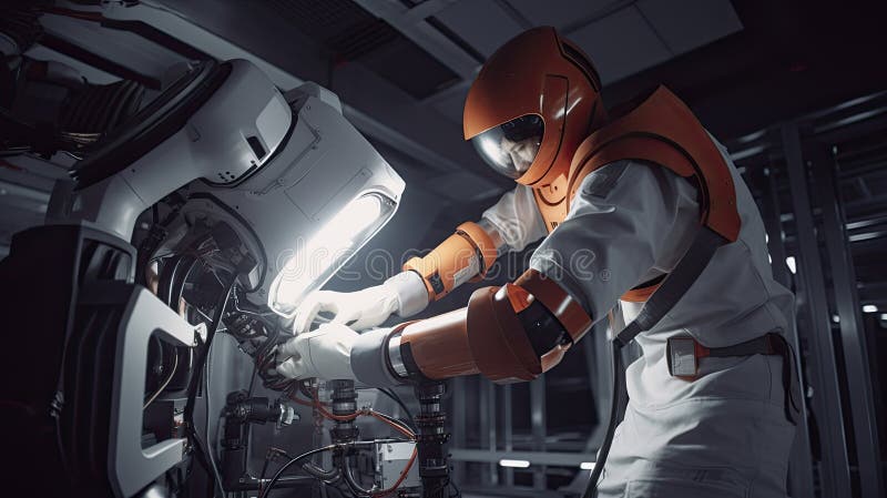 An Astronaut Working with a Robot in a Room Stock Illustration ...