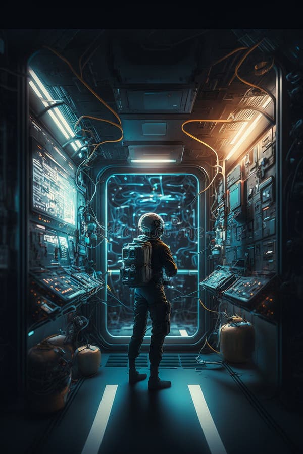 Astronaut Working at Space Station in Front of Rack with Servers ...