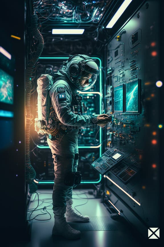 Astronaut Working at Space Station in Front of Rack with Servers. Generative Ai Stock ...