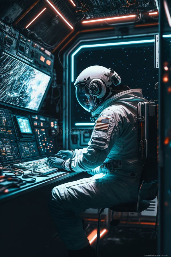 Astronaut Working at Space Station in Front of Rack with Servers ...