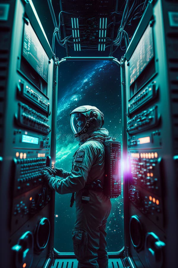 Astronaut Working at Space Station in Front of Rack with Servers ...