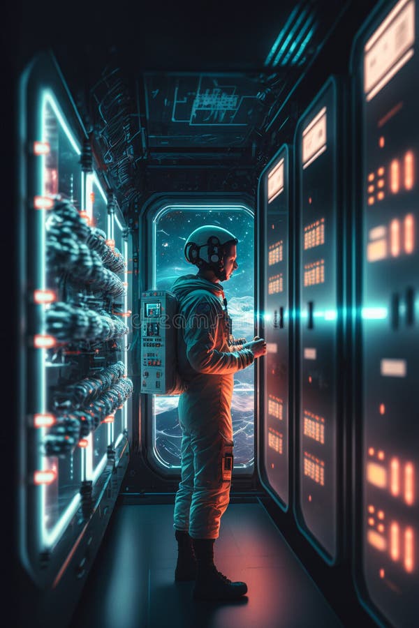 Astronaut Working at Space Station in Front of Rack with Servers ...