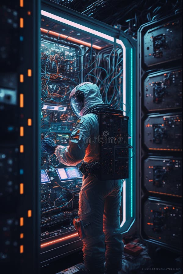 Astronaut Working at Space Station in Front of Rack with Servers ...