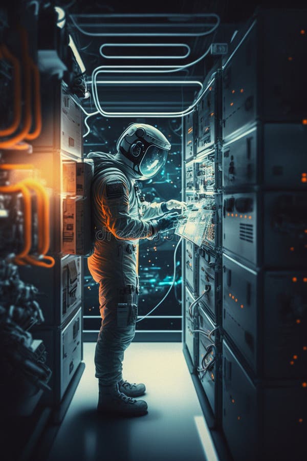 Astronaut Working at Space Station in Front of Rack with Servers ...