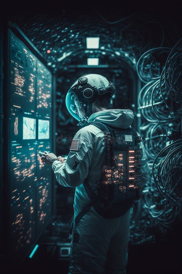 Astronaut Working at Space Station in Front of Rack with Servers ...