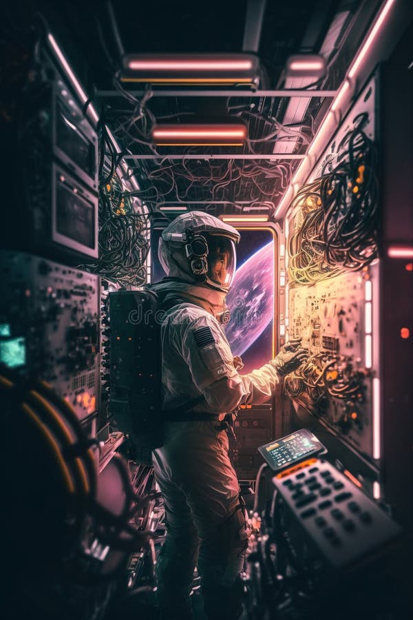 Astronaut Working at Space Station in Front of Rack with Servers ...