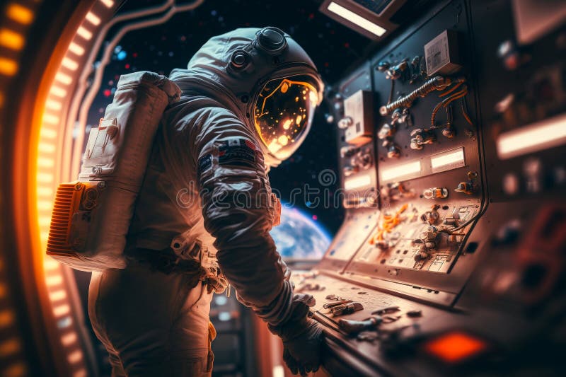 Astronaut Working at Space Station in Front of Rack with Servers ...