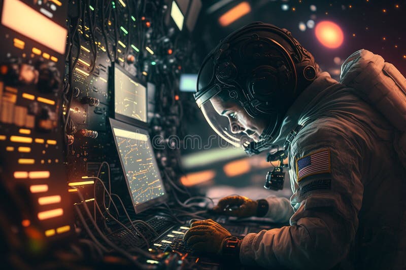 Astronaut Working at Space Station in Front of Rack with Servers ...