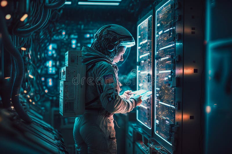 Astronaut Working at Space Station in Front of Rack with Servers ...