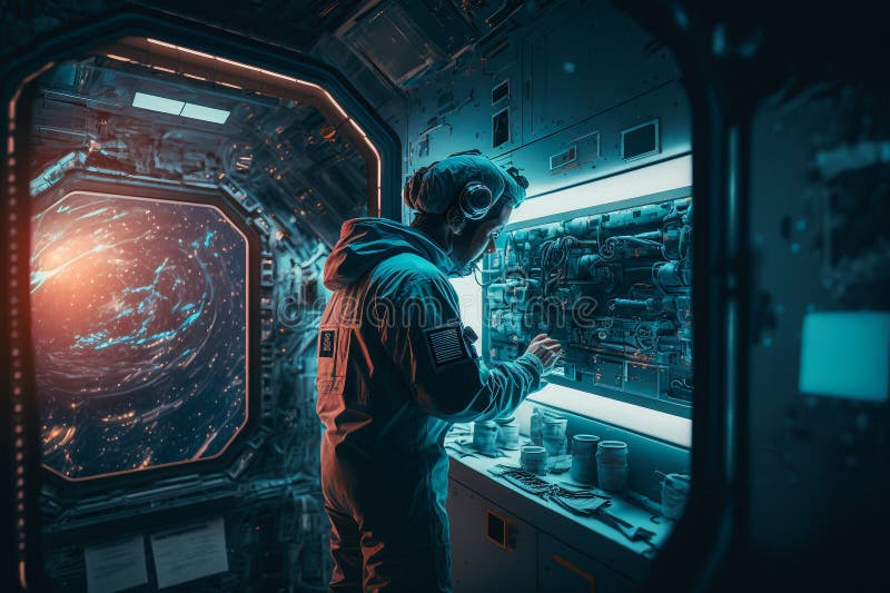 Astronaut Working at Space Station in Front of Rack with Servers ...