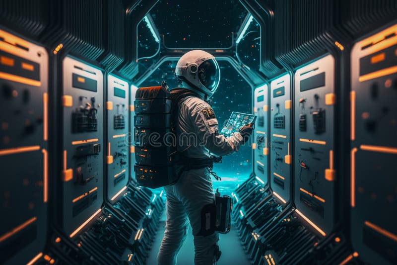 Astronaut Working at Space Station in Front of Rack with Servers ...