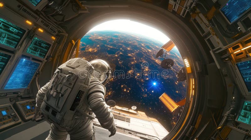 Astronaut Working on a Space Station and Observing Earth Stock Image ...