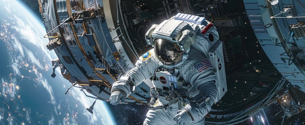 Astronaut Working in Zero Gravity Against Earth, Spaceman Floating ...