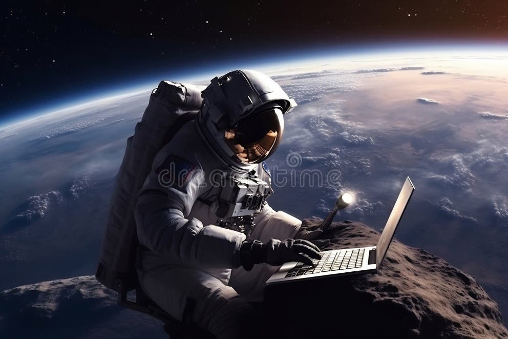 An Astronaut Works on His Laptop in Space. Stock Illustration ...